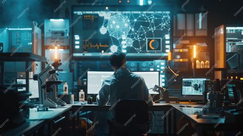 A Cybersecurity Expert Analyzing Data In A Monitoring Laboratory With Hightech Equipment Aig58