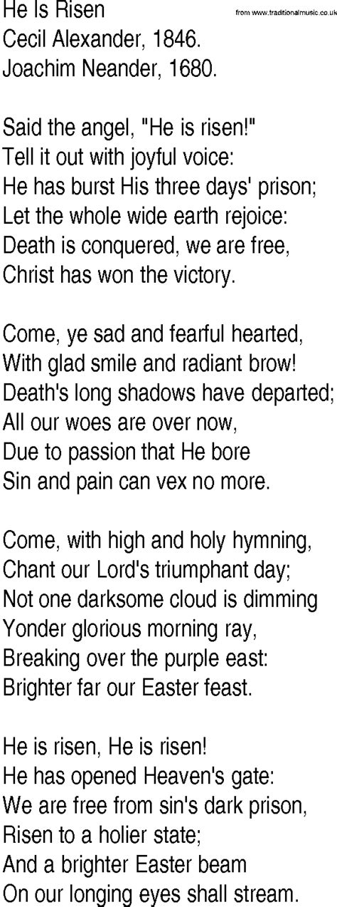 Hymn And Gospel Song Lyrics For He Is Risen By Cecil Alexander