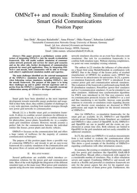 PDF OMNeT And Mosaik Enabling Simulation Of Smart Grid Communications