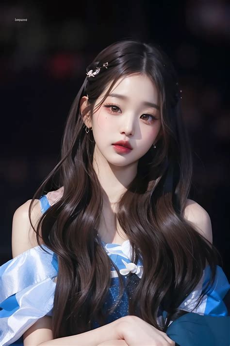 긴 머리를 하고 파란색 드레스를 입고 머리에 꽃을 꽂은 여성 Seaart Ai 긴 머리를 하고 파란색 드레스를 입고 머리에 꽃을 꽂은 여성 Seaart Ai