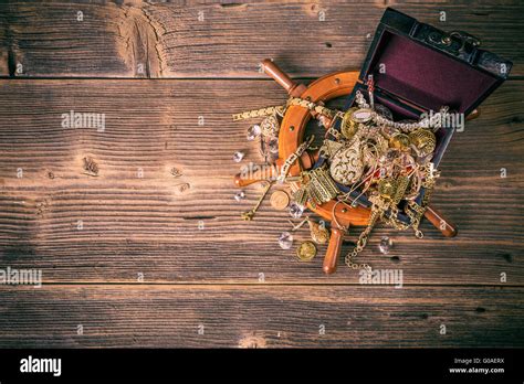 Top View Of Treasure Chest On Wooden Background Stock Photo Alamy