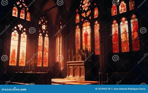 A Colorful Stained Glass Interior Of An Old Church Or Cathedral Stock