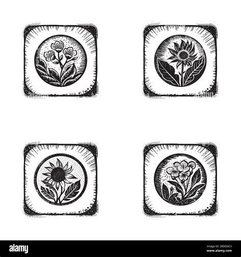Nordic Linocut Floral In Rustic Frame Motif For Quirky Logo Set Hand Drawn Botanical Graphic In