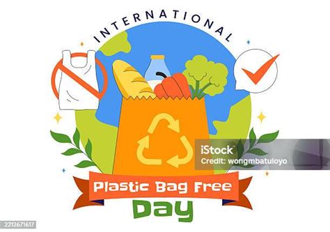 국제 비닐 봉투 무료 일 벡터 일러스트 7 월 3 일 녹색 메시지 환경 친화적 인 라이프 스타일에서 지구와 바다 테마를 저장 가방에 대한 스톡 벡터 아트 및 기타 이미지