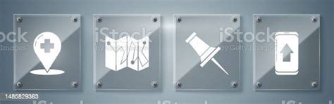 도시 지도 내비게이션의 인포그래픽 푸시 핀 위치 마커가 있는 접힌 지도 교차 병원이 있는 의료 지도 포인터를 설정합니다 정사각형 유리 패널 벡터 거리에 대한 스톡 벡터 아트