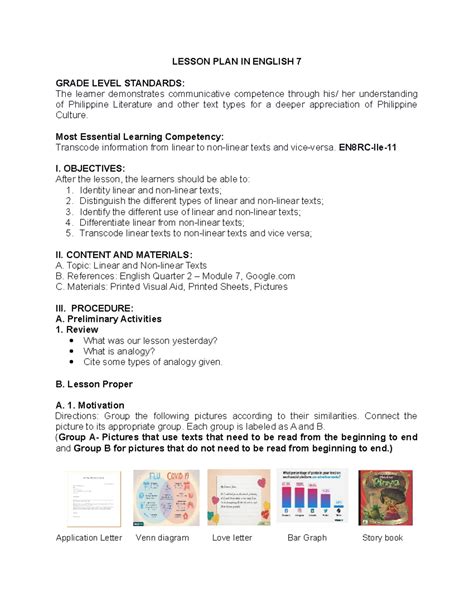 lesson plan in english 7 linear and non linear texts lesson plan in english 7 grade level