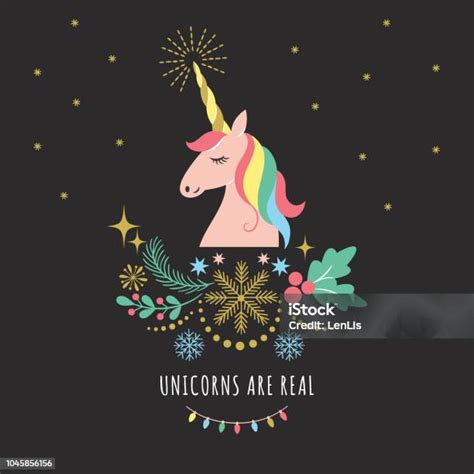 유니콘 검은 배경 벡터 일러스트와 함께 메리 크리스마스 또는 새 해 인사말 카드 머리에 대한 스톡 벡터 아트 및 기타 이미지 머리 유니콘 0명 Istock