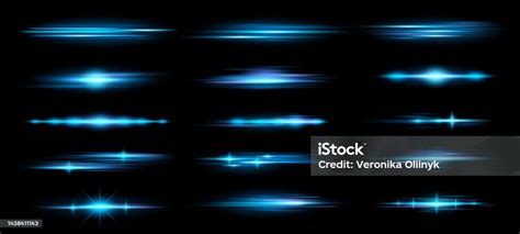 수평 렌즈 플레어 파란색 수평 광선 발광 라인 광선 효과 및 아나모픽 플레어 오버레이 벡터 세트 네온에 대한 스톡 벡터 아트 및