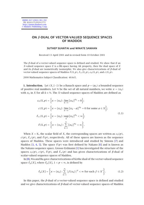 Pdf On β Dual Of Vector Valued Sequence Spaces Of Maddox