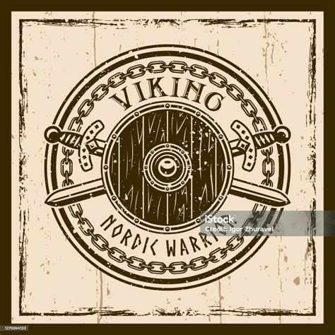 바이킹 벡터 브라운 엠블럼 라벨 배지 또는 티셔츠 프린트라운드 쉴드와 교차 검 별도의 레이어의 탈착식 그런지 텍스처 로고에 대한