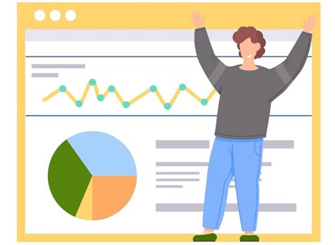 젊은 남자 학생이나 회사원이 성능 차트 비즈니스 프레젠테이션 및 프로젝트 관리 배너가 있는 데모 포스터 근처에 서 있는 명랑한 남자가 즐겁게 손을 들었다는 보고서를