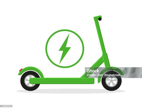 전기 스쿠터 전기 자전거의 아이콘 대여 로고 흰색 배경에 고립 된 어린이 자전거 충전 표지판이있는 에코 운송 놀이기구의 이동성을위한 만화 스쿠터 벡터 전기 스쿠터에 대한