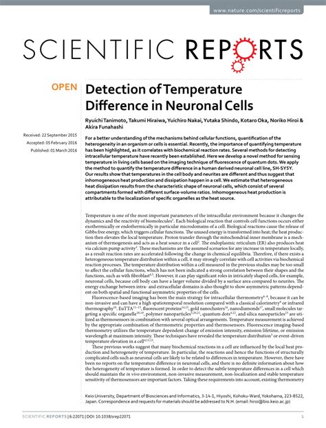 Pdf Detection Of Temperature Difference In Neuronal Cells