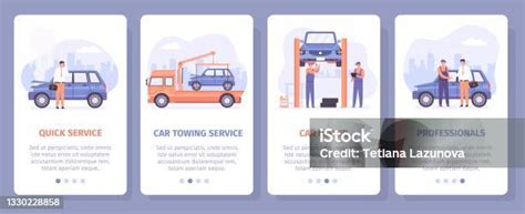 자동 수리 서비스 자동차 견인 및 기계 보수 센터 착륙 페이지 자동차 정비사 모바일 앱 벡터 세트화면 포스터 건강 진단에 대한