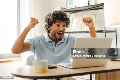 집에서 노트북으로 작업하면서 성공을 축하하는 흥분한 젊은 인도 기업가 20 24세에 대한 스톡 사진 및 기타 이미지 20 24세 가정 생활 곱슬 머리 Istock