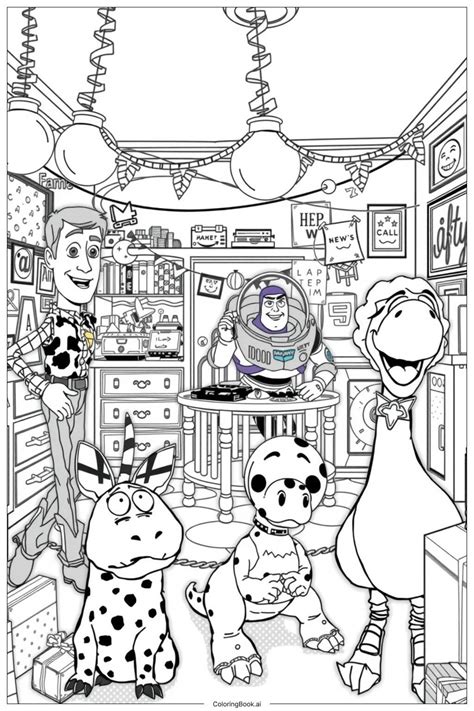 토이 스토리 캐릭터들이 함께 축하하기 색칠하기 페이지 무료 Pdfandpng 인쇄 가능