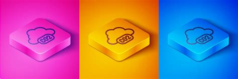 등각 투영 라인 Co2 배출량 구름 아이콘은 분홍색과 주황색 파란색 배경에 고립되어 있습니다 이산화탄소 공식 스모그 오염 개념 환경 개념 사각형 버튼 벡터 3차원 형태에