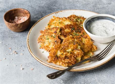 Potato Pancakes Or Draniki With Sour Cream Sauce Herbs Garlic And