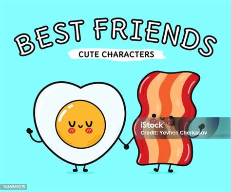 귀엽고 재미있는 행복한 베이컨과 계란 후라이 벡터 손으로 그린 만화 Kawaii 캐릭터 그림 아이콘입니다 재미있는 만화 베이컨과 계란 후라이 마스코트 캐릭터 개념 0명에