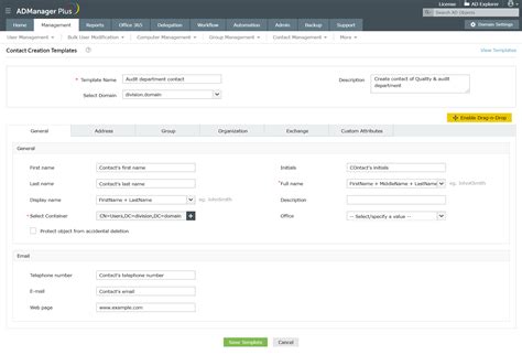 web based active directory account provisioning through templates admanager plus
