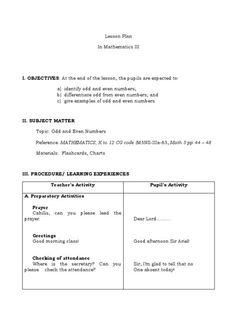 Lp Ariel Math 3 Pdf Lesson Plan Pedagogy