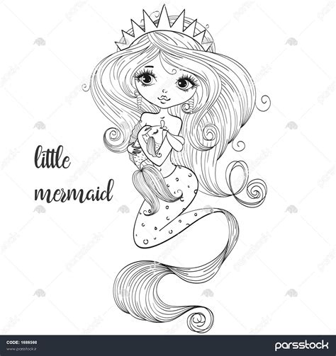 طرح دختر پری دریایی کوچولوی ناز با ماهی در دست کشیده شده است تصویر