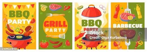 만화 바베큐 요소 포스터 바베큐 주말 카드 가족 여름 피크닉 야외 요리 이벤트 구운 고기 및 야채 그릴 파티 초대장 요리 야외 이벤트 전단지 벡터 세트 굽기에 대한 스톡