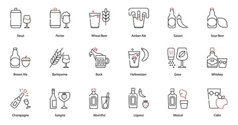 스타우트 포터 밀 맥주 앰버 에일 세종 사워 맥주 브라운 에일 보리 와인 복 Hefeweizen Gose 위스키 샴페인 상그리아 압생트 리큐어 메스칼 사과주의 벡터 아이콘
