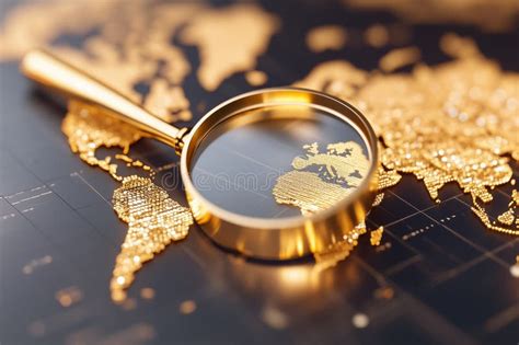 A Golden Magnifying Glass Focuses On A World Map Highlighting Specific Geographical Features