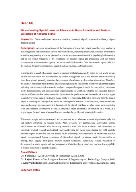 PDF Special Issue On Advances In Noise Reduction And Feature Extraction Of Acoustic Signal In