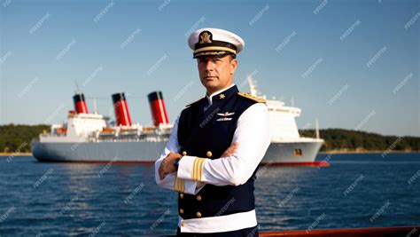 Naval Captain In Uniform Stands Proudly On Ship Deck Looking Out To Sea Premium Ai Generated Image