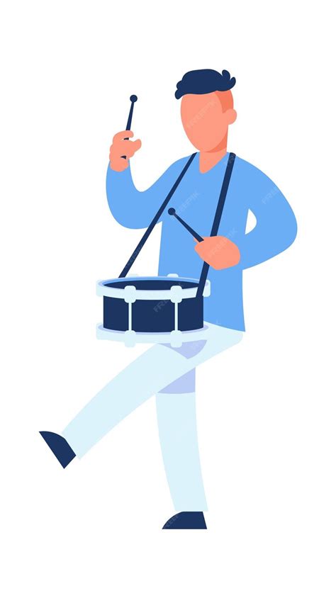 드럼을 치는 드러머 만화 남자 타악기로 행진하는 남성 캐릭터 군사 퍼레이드 또는 축하 공연 음악 플레이어 막대기로 벡터 음악가 강타 프리미엄 벡터