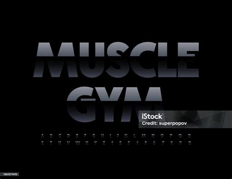 벡터 현대 기호 근육 체육관 광택 검은 알파벳 문자 및 숫자 세트 건강한 생활방식에 대한 스톡 벡터 아트 및 기타 이미지 건강한 생활방식 검은색 광고 Istock
