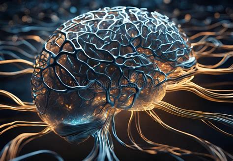 A Brain Illustration Showcasing Neural Connections On A Black Background Stock Illustration