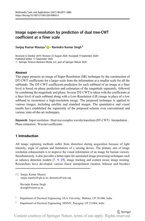 Image Super Resolution By Prediction Of Dual Tree Cwt Coefficient At A Finer Scale Request Pdf