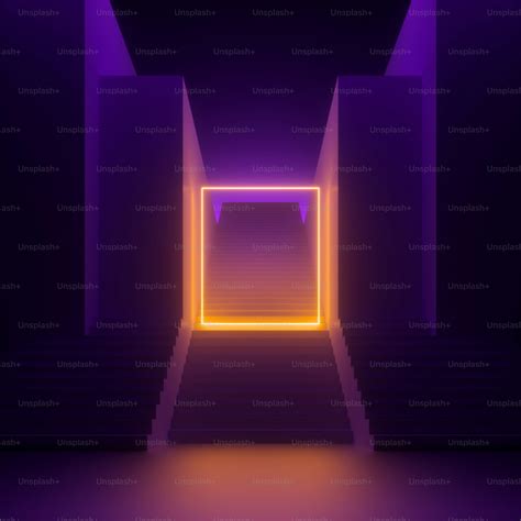 3d 렌더링 추상 현대 최소 보라색 배경 노란색 네온 빛 빛나는 사각형 빈 직사각형 프레임 빈 계단 관점 건축 포털 입구 미래 도시 개념 사진 Unsplash