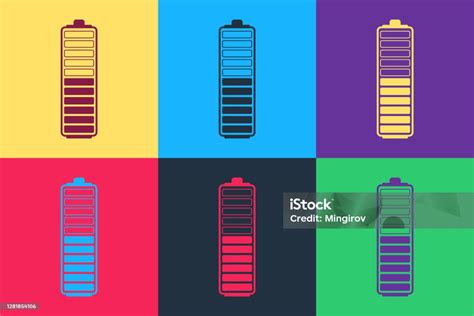 컬러 배경에 격리된 팝 아트 배터리 충전 레벨 표시기 아이콘 배터리 충전 전원 기호 전기 기호 에너지 기호 벡터 가득 찬에 대한 스톡 벡터 아트 및 기타 이미지 Istock