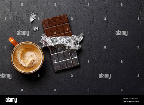 Coffee Break Bliss Chocolate Bar Paired With A Cup Of Coffee Flat Lay With Copy Space Stock