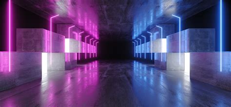 네온 불빛 그래픽 빛나는 보라색 블루 활기찬 가상 공상 과학 Fi 미래 터널 스튜디오 무대 건설 차고 연단 우주선 밤 어두운 콘크리트 그런 지 3d 렌더링 0명에 대한 스톡