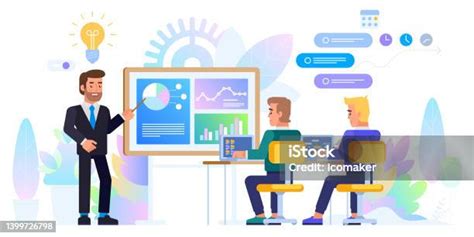 비즈니스 미팅 개념 사무실 생활 브레인스토밍 벡터 플랫 일러스트 레이 션 테크놀로지에 대한 스톡 벡터 아트 및 기타 이미지