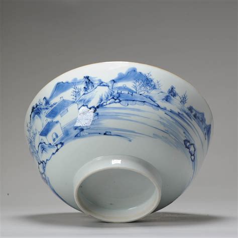25 8cm Antique 18c Chinese Porcelain Bowl Blue White Landscape Literati Willow Tree Shangrila