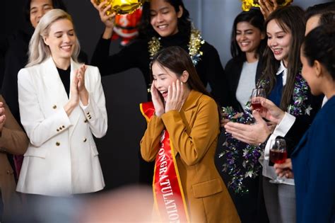 Premium Photo Congratulate To Achievement Manager Giving Winner Employee The Gold Award For