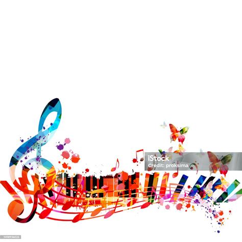 피아노 키보드 배경이 있는 다채로운 고음 음자리표 기호 추상적인 G음자리표와 음표 직원이 있는 음악 디자인 라이브 콘서트 이벤트 탤런트 쇼 음악 축제 파티 전단지 피아노