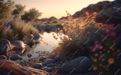 Premium Photo View Of Meadow And Lake With Sunshine