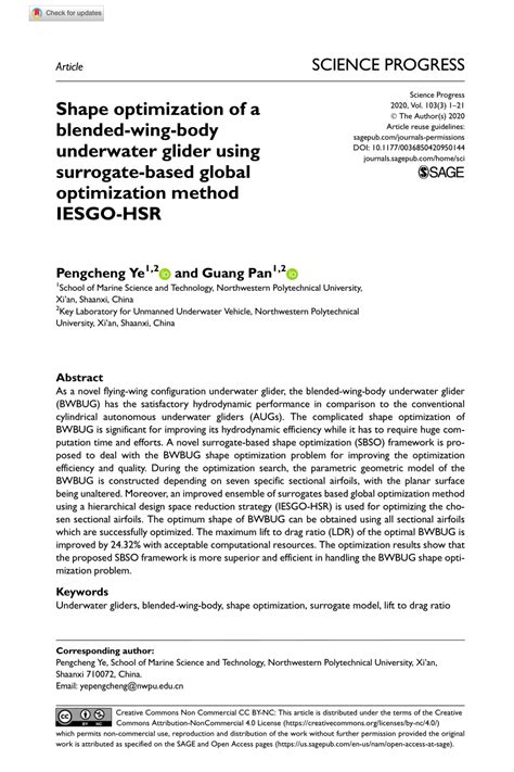 Pdf Shape Optimization Of A Blended Wing Body Underwater Glider Using Surrogate Based Global