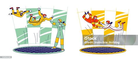 실내 풍관 훈련 무료 가을 시뮬레이터에서 스카이 다이버 남성과 여성 캐릭터 코치 도움과 익스트림 스포츠 경험 비행 실험 레저 휴식 선형 벡터 일러스트레이션 스카이 다이빙에