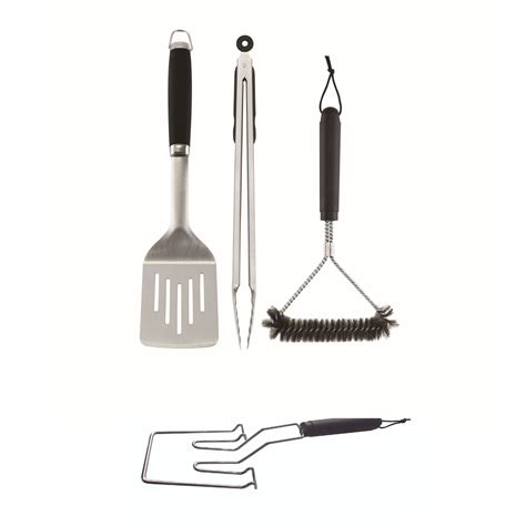 Комплект от 4 прибора за скара състоящ се от шпатула щипка четка и лопатка за повдигане на