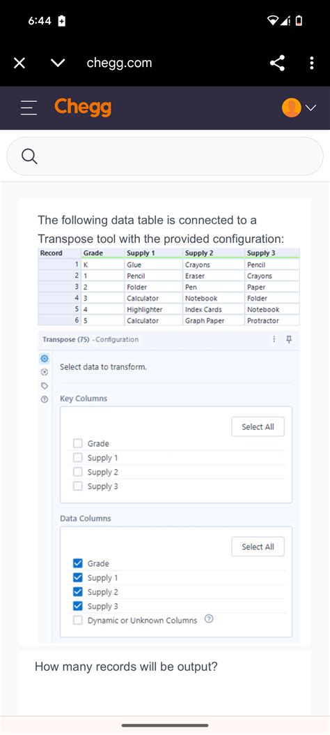Solved The Following Data Table Is Connected To A Transpose