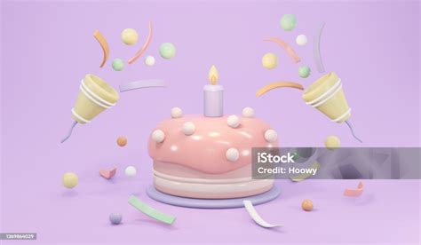 생일 파티 배경의 파스텔 테마 개념에 촛불과 파티 포퍼 터지는 색종이생일 케이크의 3d 렌더링 3d 렌더 그림 3차원 형태에