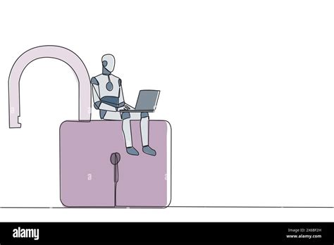 Single Continuous Line Drawing Robotic Artificial Intelligence Sitting On Big Open Padlock